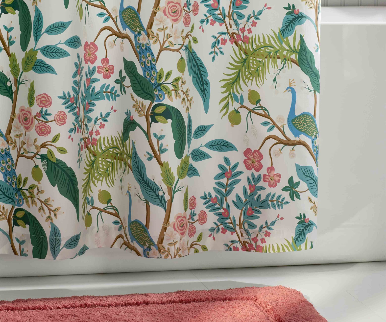 Peacock White Sateen Shower Curtain | Rifle Paper Co.