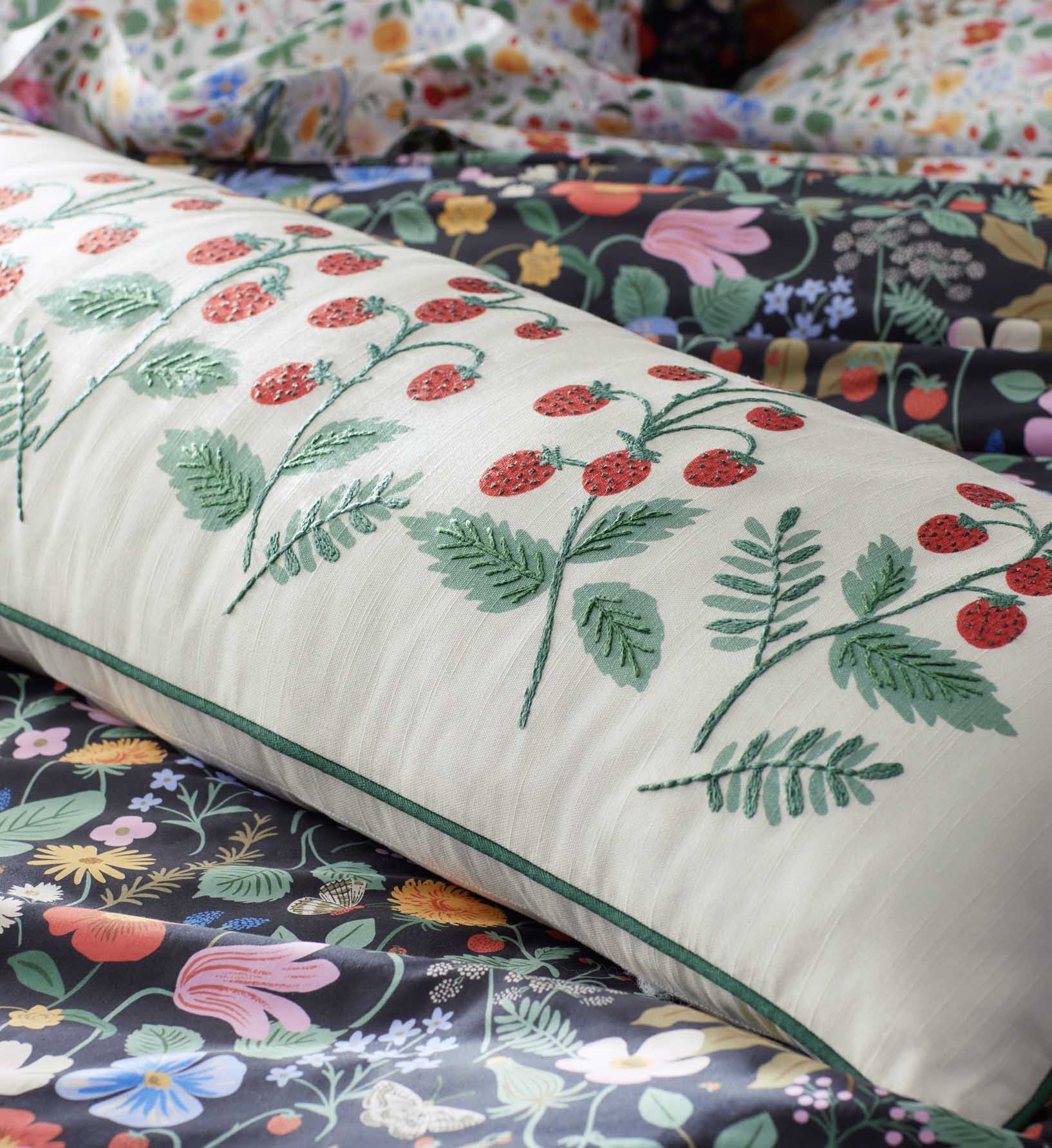 Strawberries Embroidered Lumbar Pillow | Rifle Paper Co.