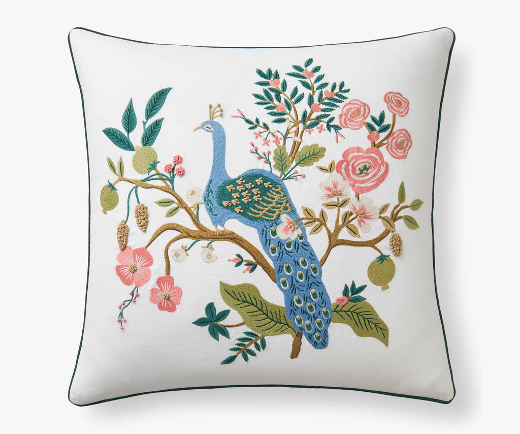 Peacock White Embroidered Pillow Cover | Rifle Paper Co.
