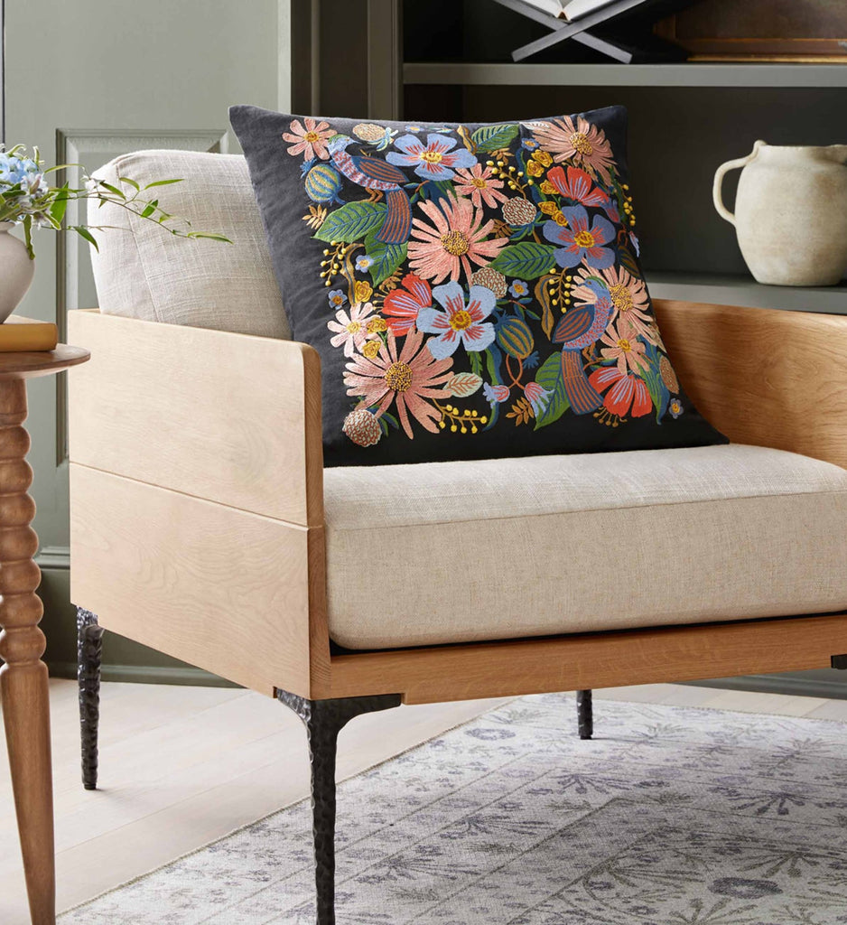 Dovecote Embroidered Floral Black Pillow | Rifle Paper Co.