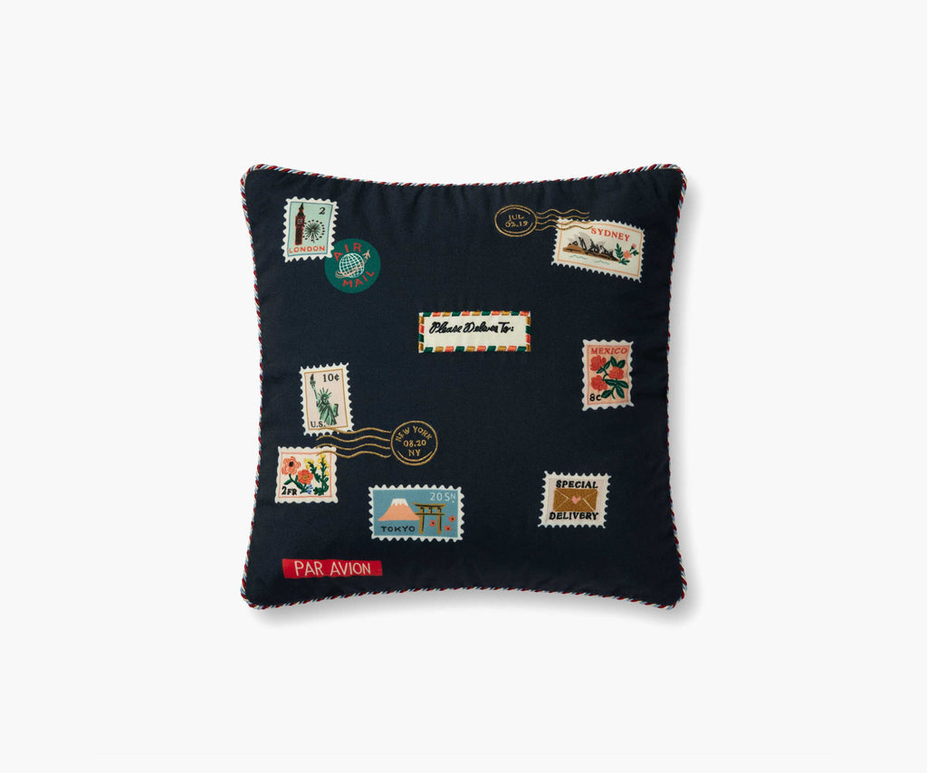 Postage Stamps Embroidered Pillow in Navy | Rifle Paper Co.